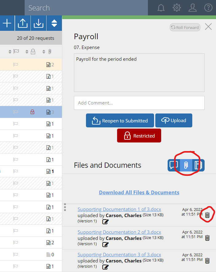Delete a Document or File Attached to a Request – AuditDashboard Help Center